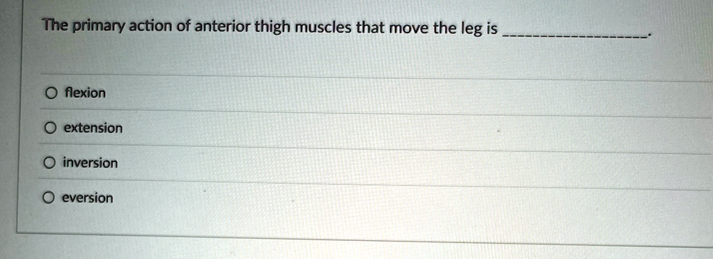 The primary action of anterior thigh muscles that move the leg is . O ...