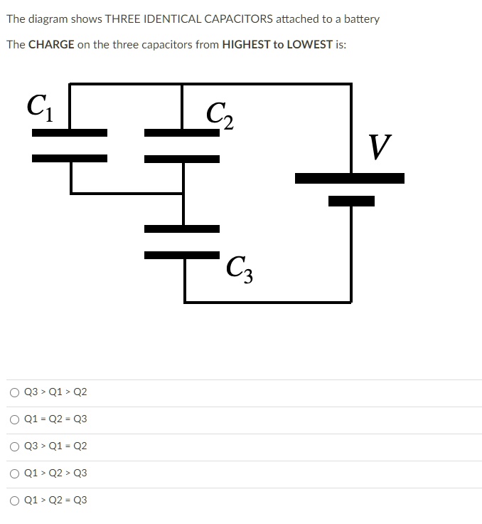 SOLVED: The diagram shows THREE IDENTICAL CAPACITORS attached to battery The CHARGE on the three ...