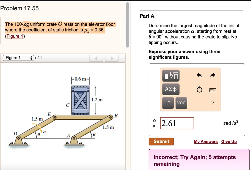SOLVED: Problem 17.55 Part A The 100-kg uniform crate C rests on the elevator floor where the ...