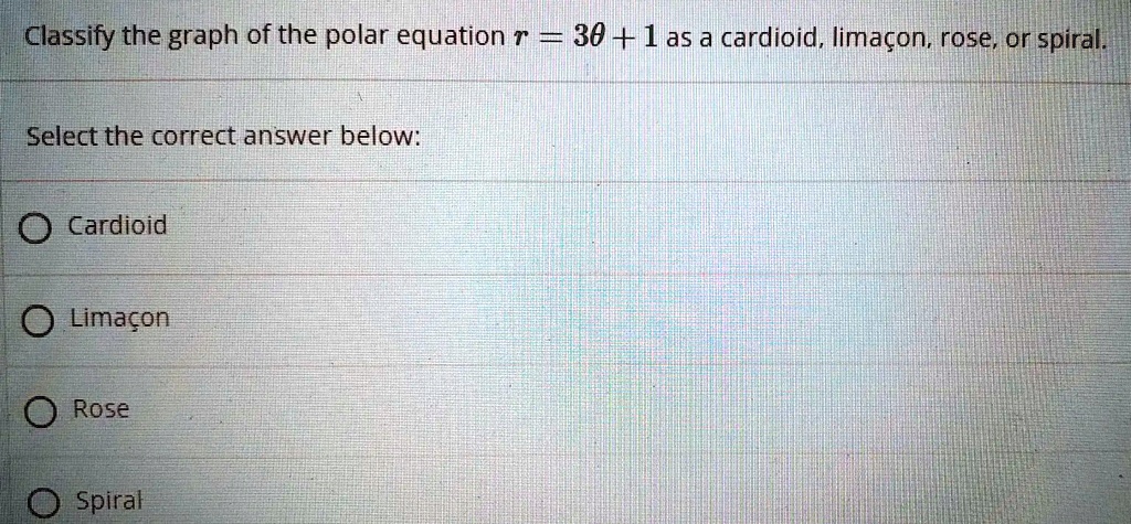 Classify the graph of the polar equation r = 3θ + 1 as a cardioid ...