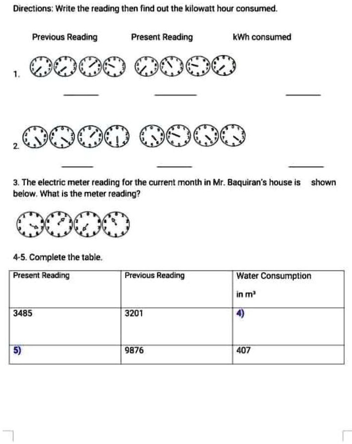 Directions: Write the reading then find out the kilowatt hour consumed ...