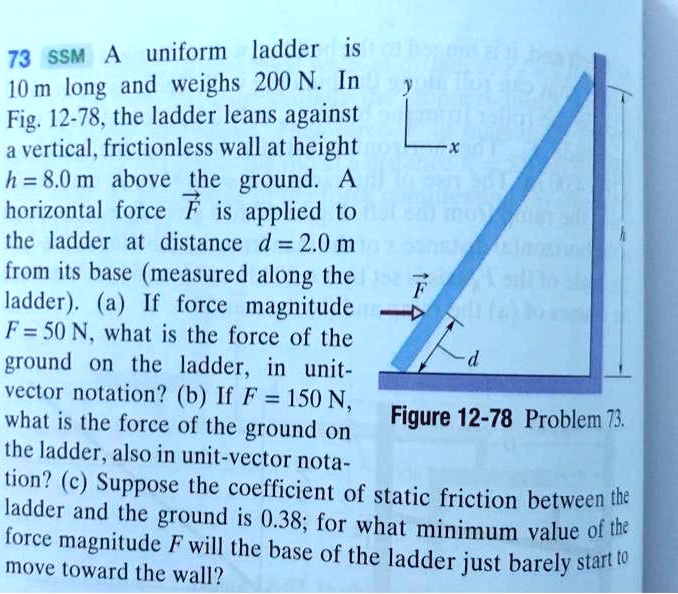 SOLVED: 73 ssMA uniformladderis 10 m long and weighs 200 N. In Fig.12 ...