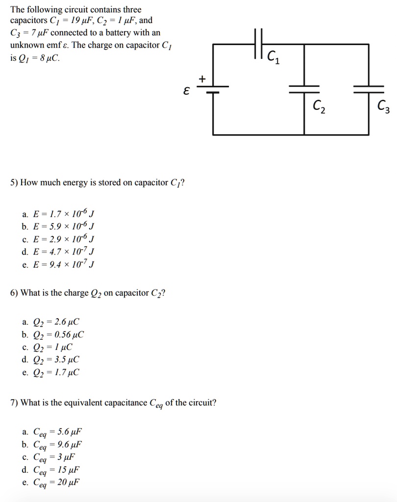 the following circuit contains three capacitors c 19 uf c2 pf and cz 7 pf connected to a battery ...