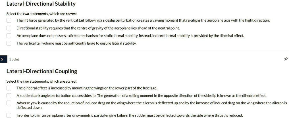 SOLVED: Lateral-Directional Stability Select the two statements,which ...