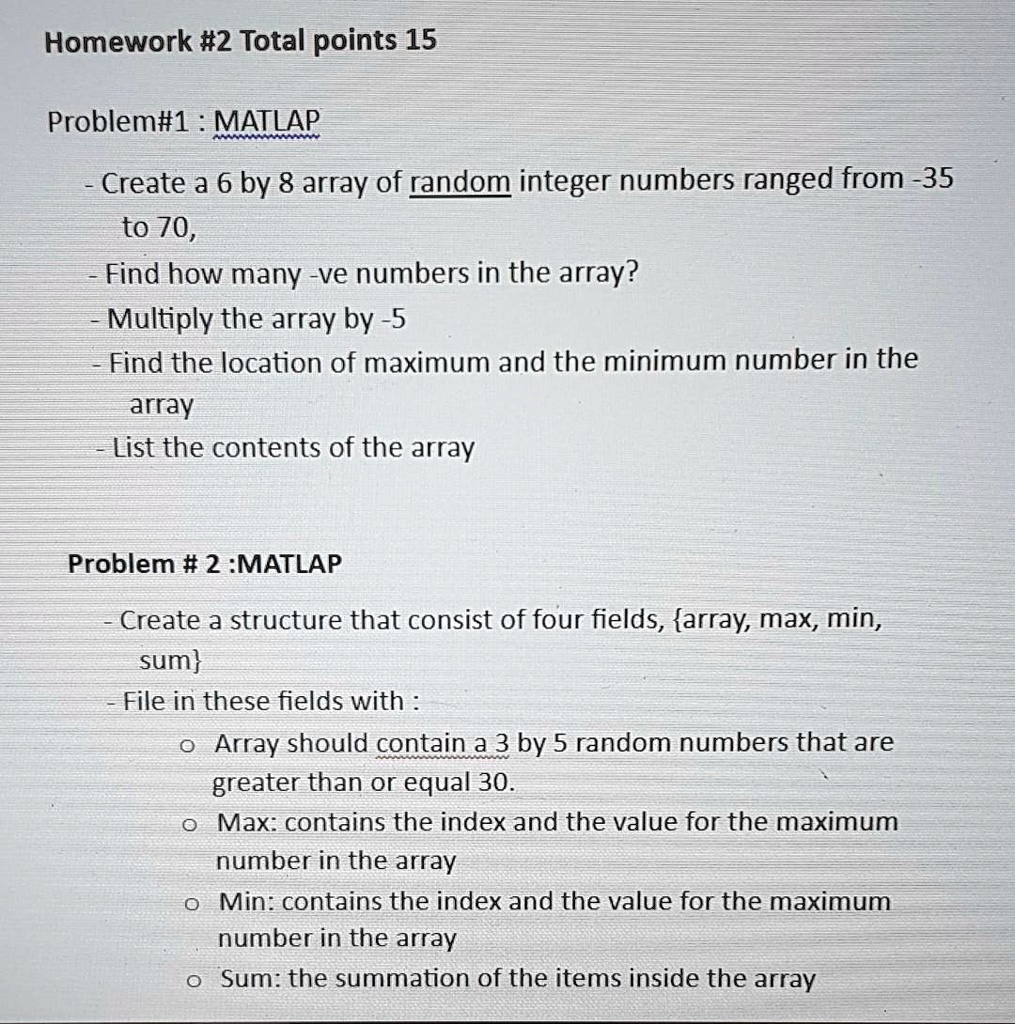 Solved Homework 2 Total Points 15 Problem 1 Matlab Create A 6 By 8 Array Of Random Integer 1409