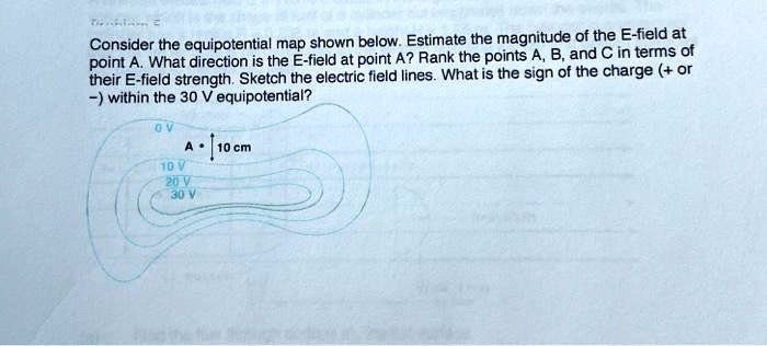 SOLVED: Consider the equipotential map shown below: Estimate the magnitude of the E-feld at ...