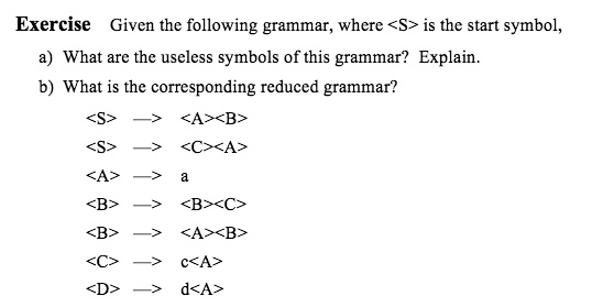 SOLVED: Exercise Given the following grammar, where is the start symbol ...