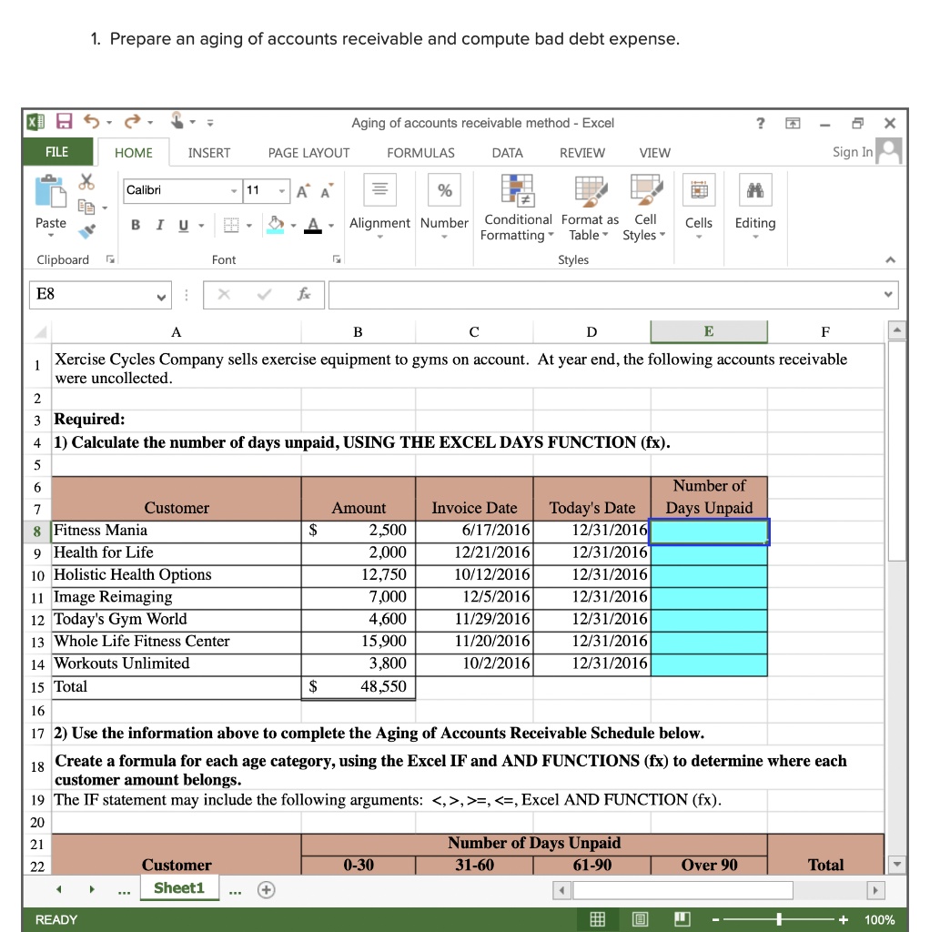 SOLVED: 1. Prepare an aging of accounts receivable and compute bad debt ...