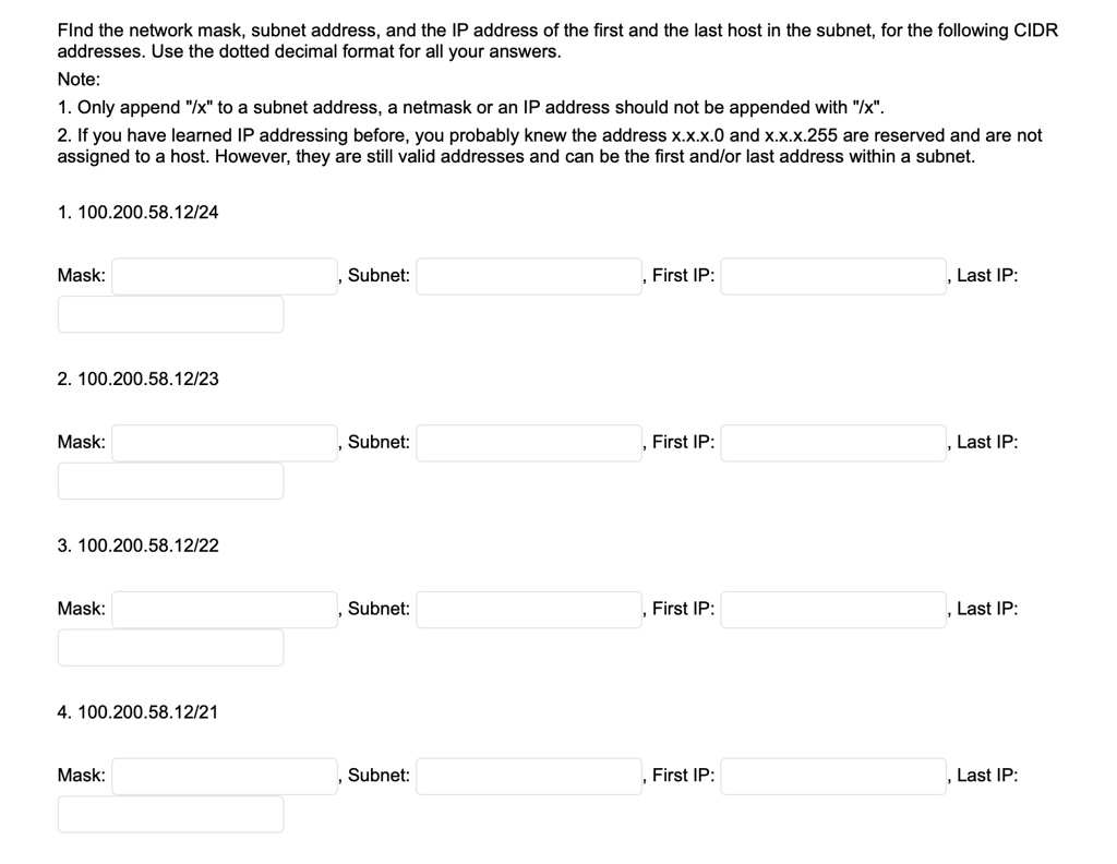 Find the network mask, subnet address, and the IP address of the first ...