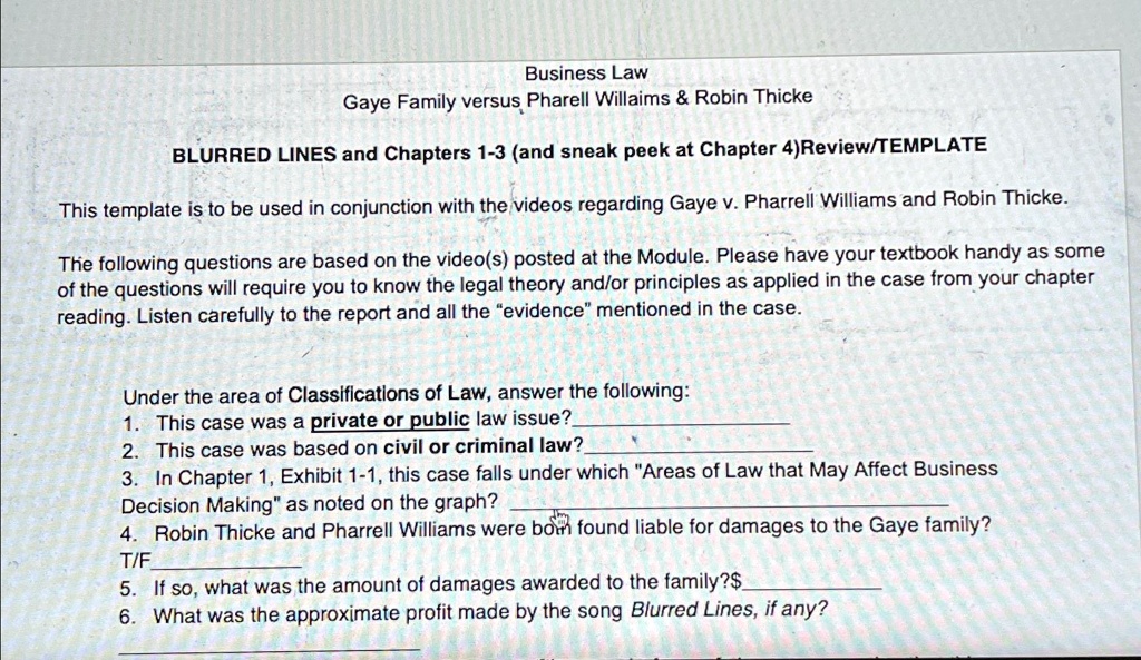 Business Law Gaye Family versus Pharrell Williams Robin Thicke BLURRED LINES and Chapters 1-3 ...