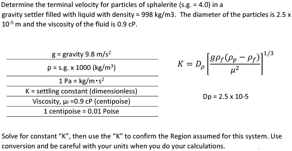 Determine the terminal velocity for particles of sphalerite (s.g. = 4.0) in a gravity settler ...