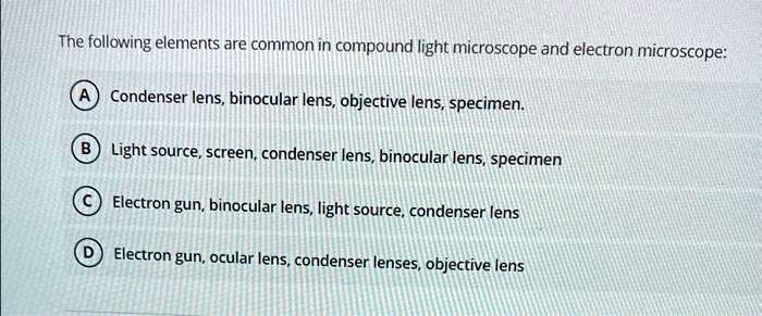 SOLVED: The following elements are common in compound light microscope and electron microscope ...
