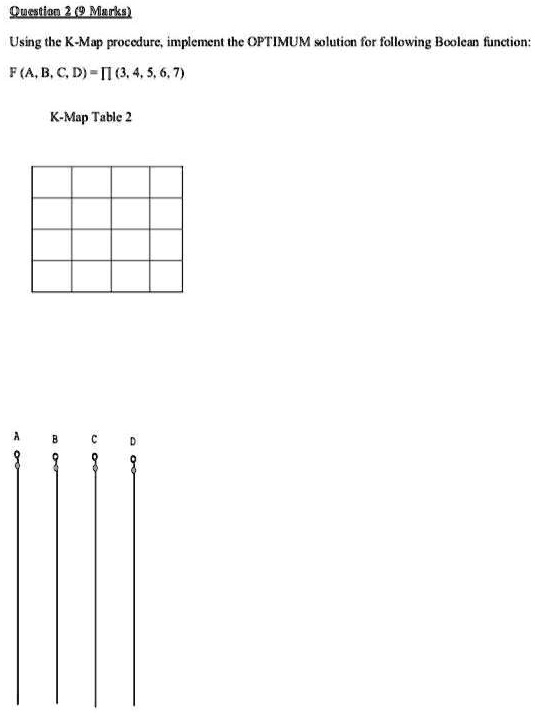 Question 2 (9 Marks) Using the K-Map procedure, implement the OPTIMUM solution for the following ...
