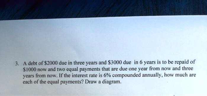 SOLVED: A debt of 2000 due in three years and S3OO0 due in 6 years is ...