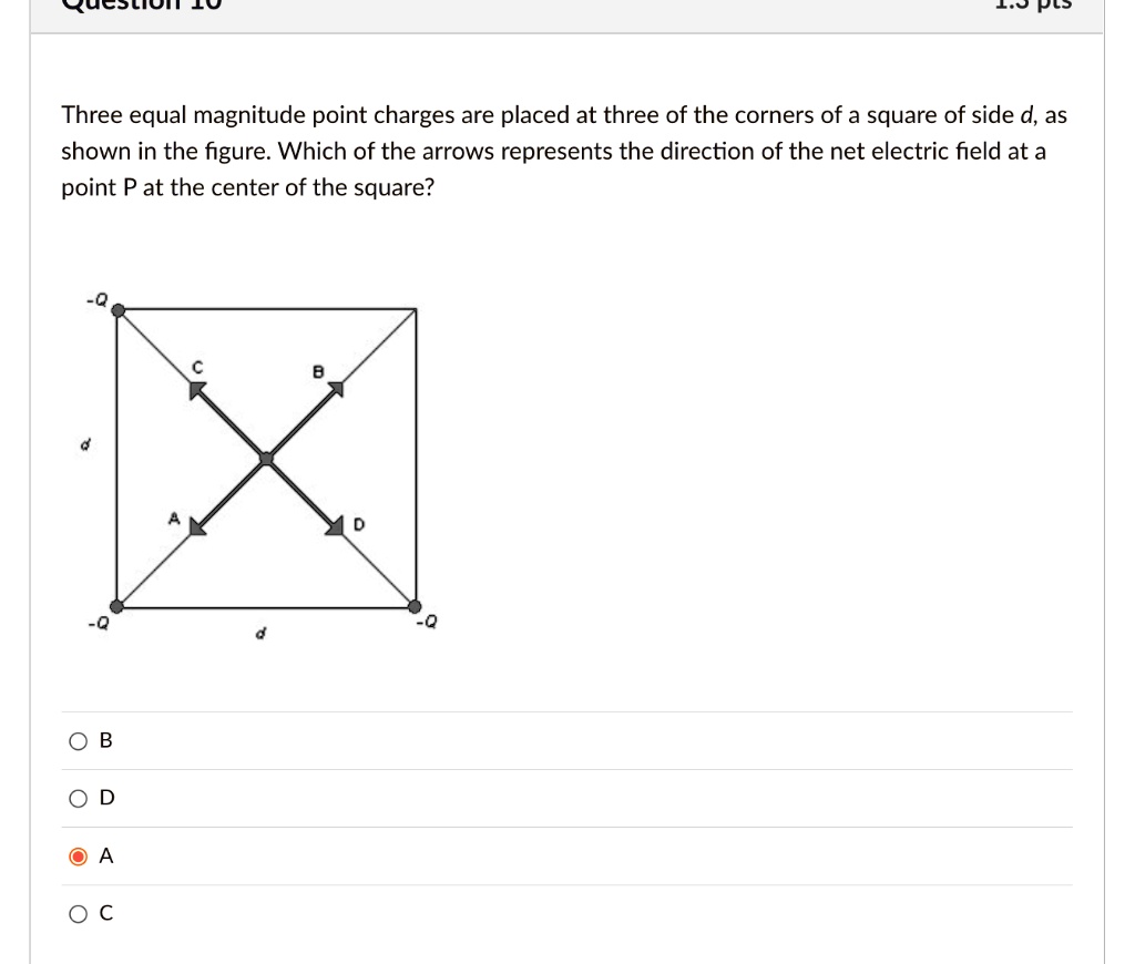 Three equal magnitude point charges are placed at three of the corners ...