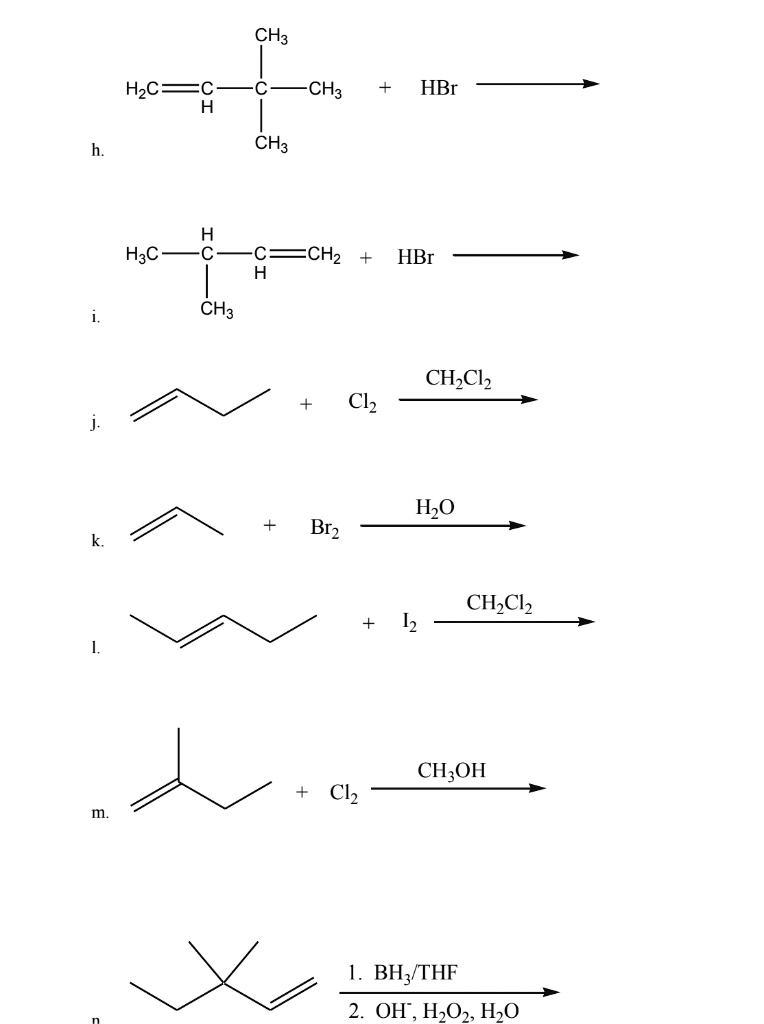 SOLVED: CH3 H2C CH CH3 + HBr CH3 H. HCl H3C CH =CH2 HBr CH3 I. CHCl2 H2O Br2 CHCl2 CH3OH M 1 ...
