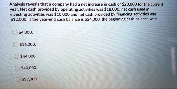 Analysis reveals that a company had a net increase in cash of 20,000 ...