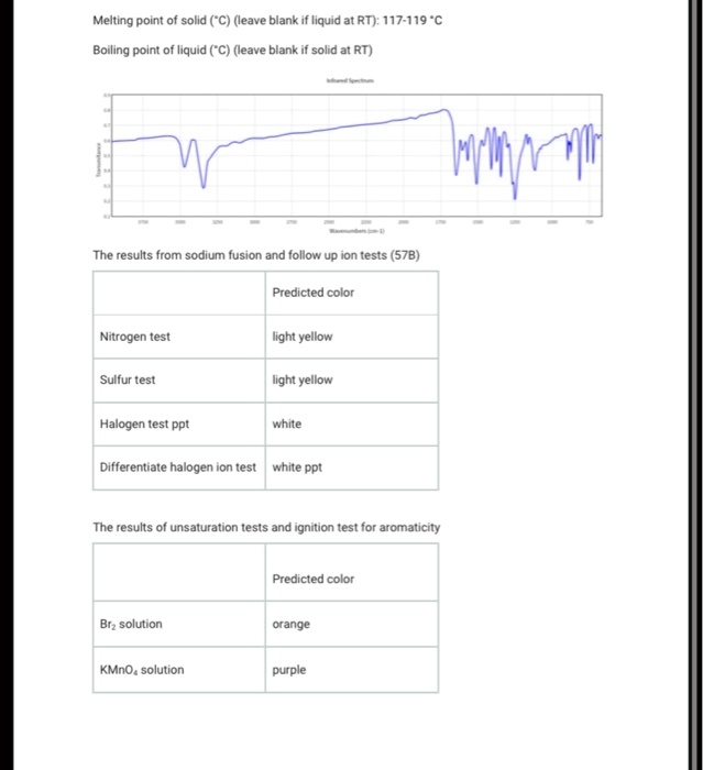 SOLVED: Melting point of solid ("C) (leave blank E liquid at RT): 117 ...