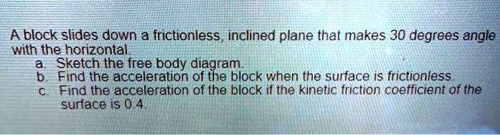 A block slides down a frictionless, inclined plane that makes 30 degrees angle with the ...