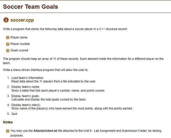 Soccer Team Goals soccer.cpp Write a program that stores the following data about a soccer ...