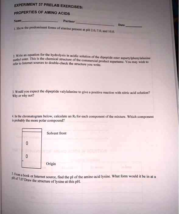 SOLVED: EXPERIMENT 37 PRELAB EXERCISES: PROPERTIES OF AMINO ACIDS Name ...