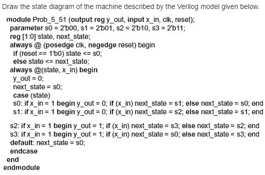 Text: Draw the state diagram of the machine described by the Verilog model given below. module ...