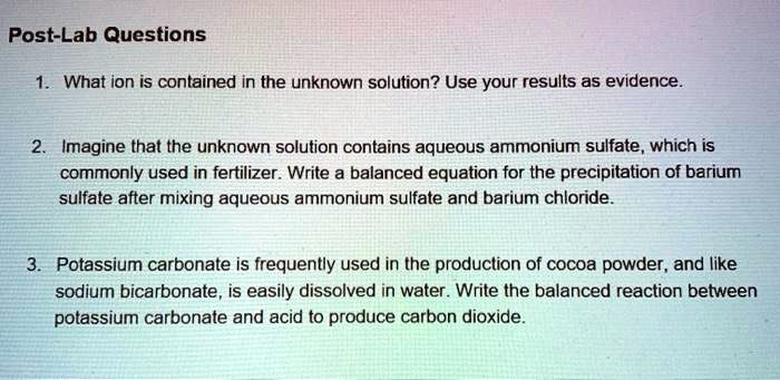 post lab questions what ion is contained in the unknown solution use ...