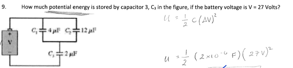 9 how much potential energy is stored by capacitor 3 c in the figure if the battery voltage is v ...