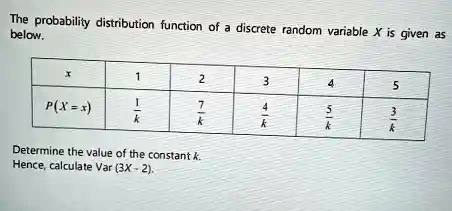 SOLVED: Theprobability distribution function of below: discrete random variable X is given P(X=x ...