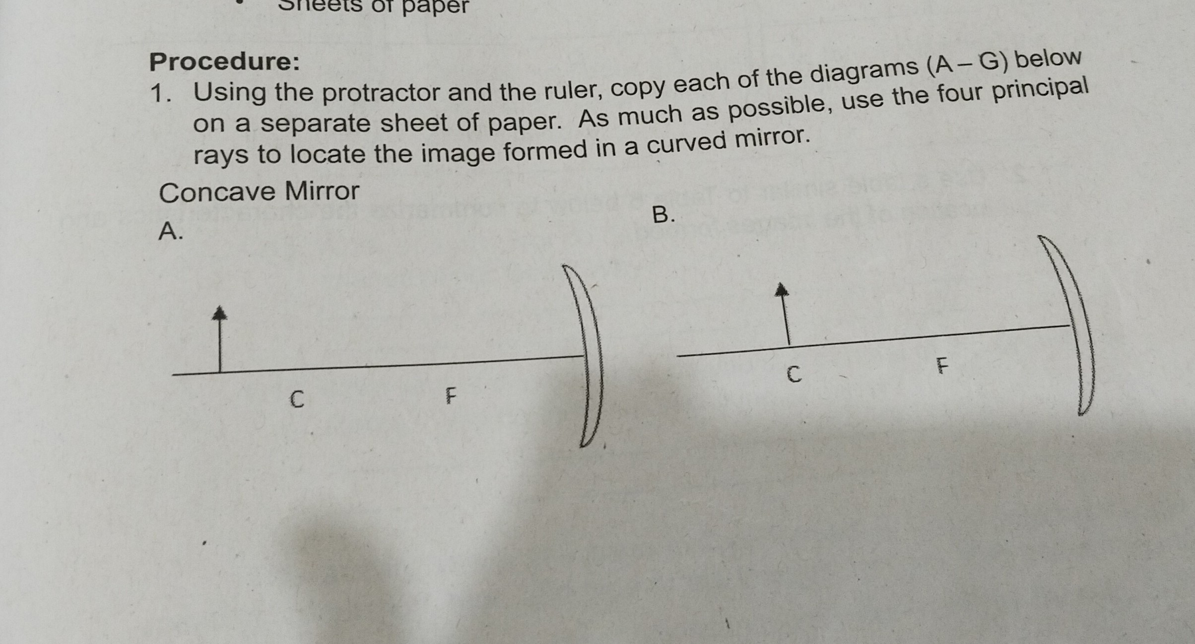 SOLVED: Procedure: 1. Using the protractor and the ruler, copy each of the diagrams (A-G) below ...