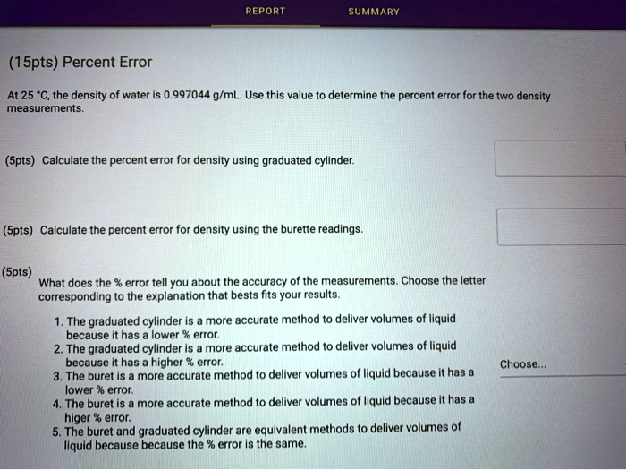 SOLVED: REPORT SUMMARY (1Spts) Percent Error At 25 *C,the density of ...