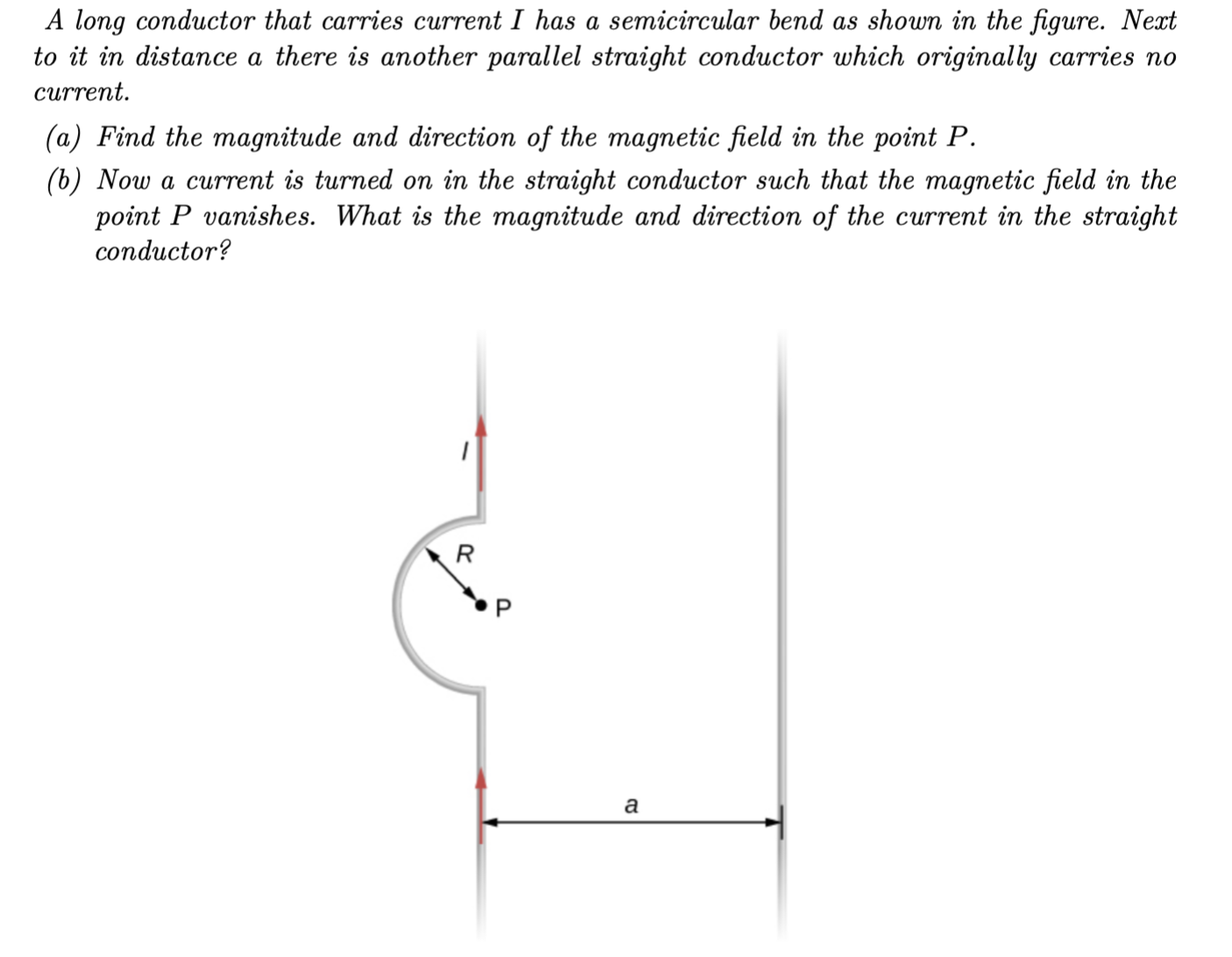 A long conductor that carries current I has a semicircular bend as ...