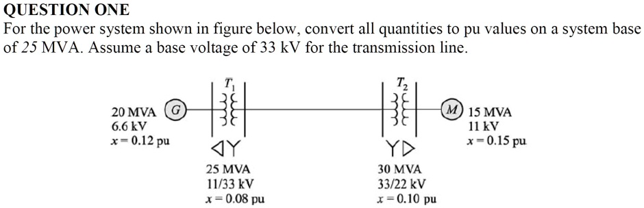 SOLVED: QUESTION ONF For the power system shown in figure below,convert all quantities to pu ...
