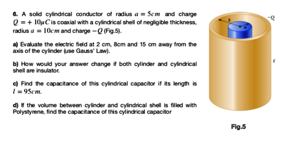 SOLVED: 6. solid cylindrical conductor of radius a = Scm and charge Q ...