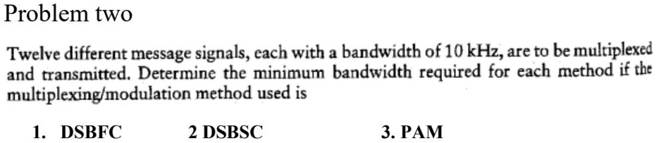 Texts: Problem Two Twelve different message signals, each with a bandwidth of 10 kHz, are to be ...