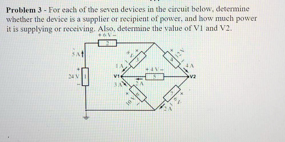 SOLVED: Problem 3 For each of the seven devices in the circuit below determine whether the ...