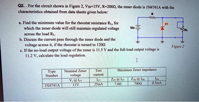SOLVED: Q2. For the circuit shown in Figure 2VN-15V, R-200Î©, the zener diode is 1N4741A with ...