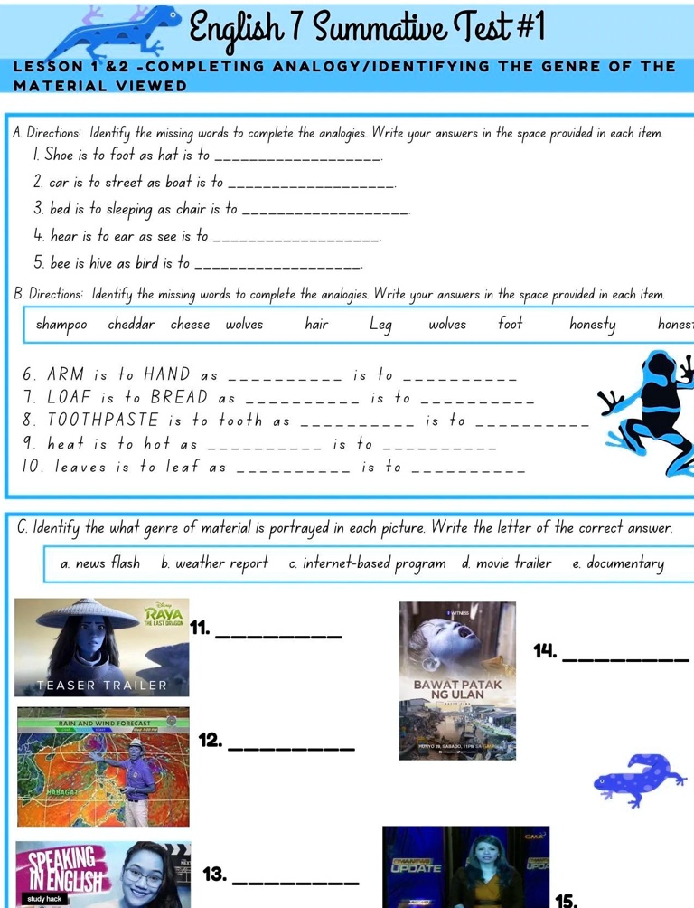 SOLVED: Summative Test Grade 7 English Lesson 1 2: Completing Analogy ...