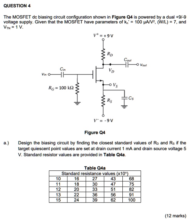 SOLVED: The MOSFET dc biasing circuit configuration shown in Figure Q4 is powered by a dual +9 ...