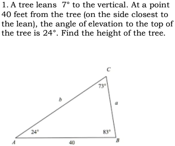 1. A tree leans 7° to the vertical. At a point 40 feet from the tree ...