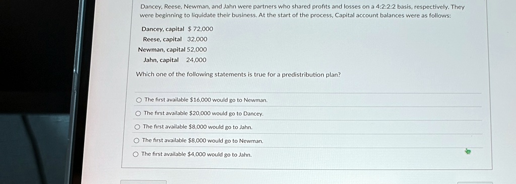 dancey reese newman and jahn were partners who shared profits and losses on a 4222 basis ...