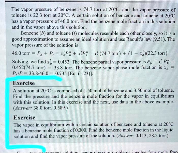 The vapor pressure of benzene is 74.7 torr at 20Â°C, and the vapor ...