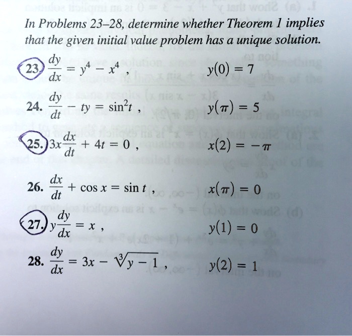 In Problems 23–28, determine whether Theorem 1 implies that the given initial value problem has ...