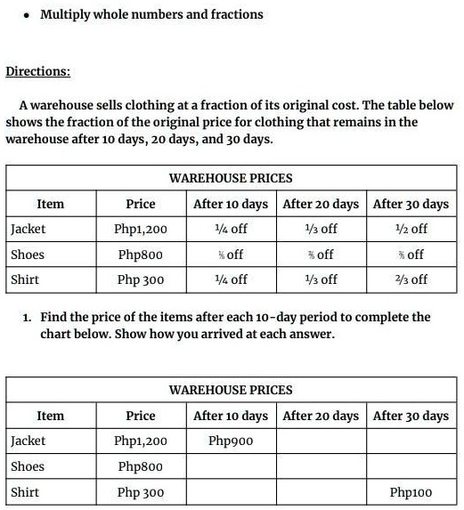 Multiply whole numbers and fractions Directions: A warehouse sells ...