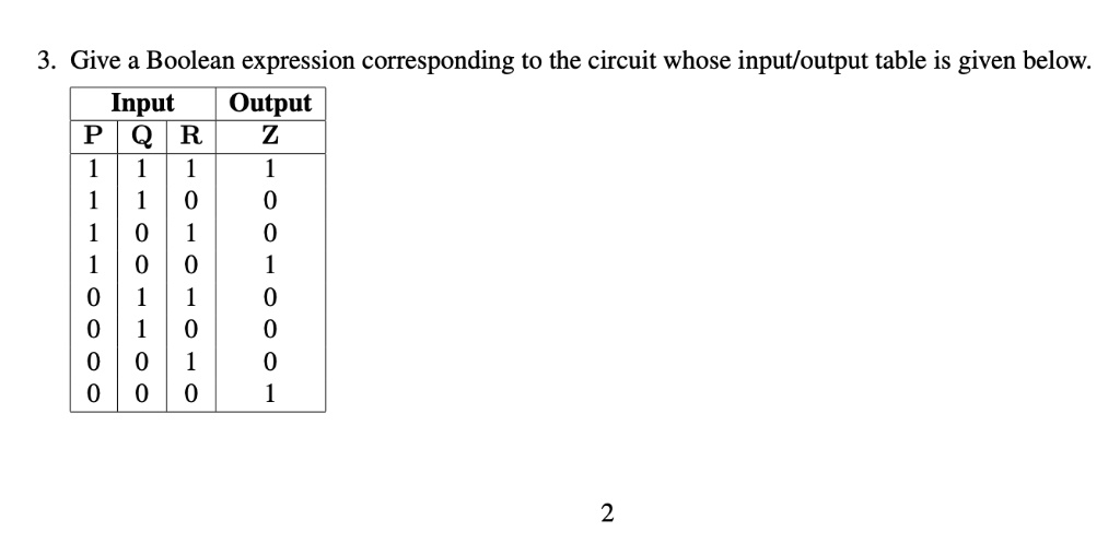3. Give a Boolean expression corresponding to the circuit whose input/output table is given ...