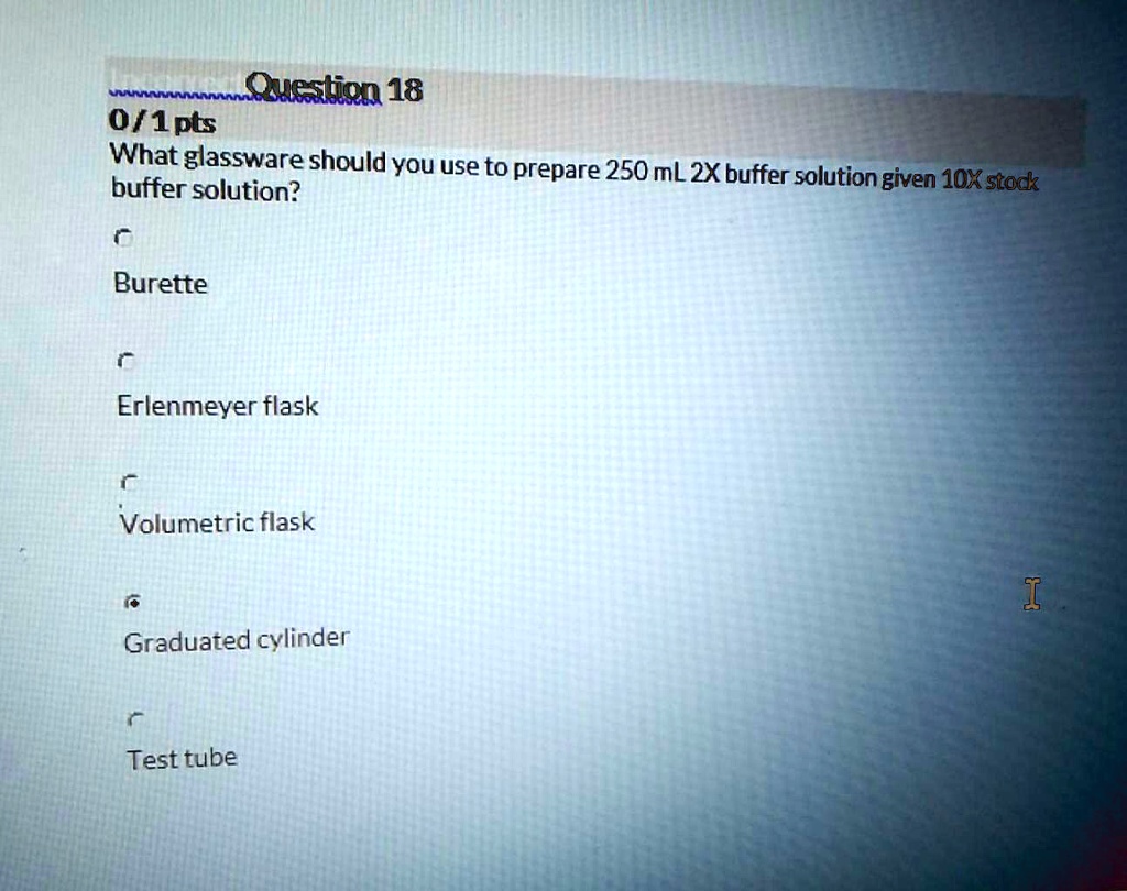 SOLVED: Question 18 0/1pts What glassware should you use to prepare 250 ... SOLVED: Question 18 0/1pts What glassware should you use to prepare 250 ...