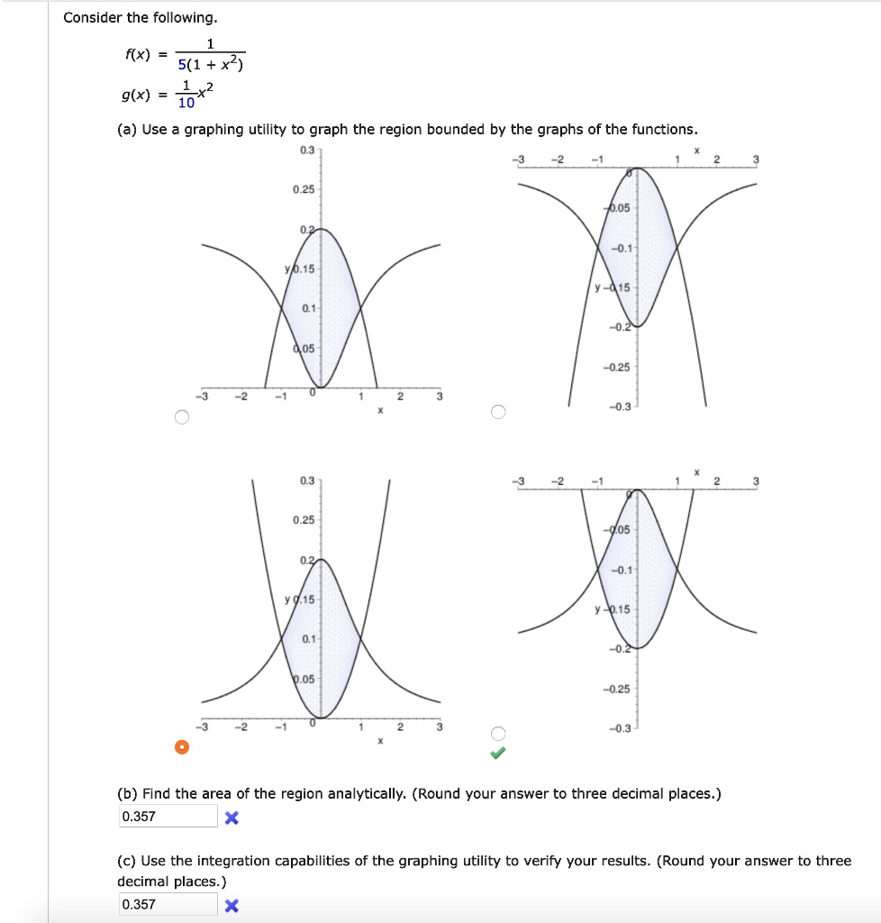 Consider the following. f(x) = (1)/(5(1 + x^2)) g(x) = (1)/(10) x^2 (a) Use a graphing utility ...