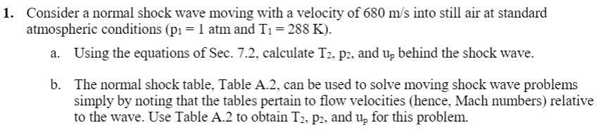 SOLVED: Consider a normal shock wave moving with a velocity of 680 m/s ...