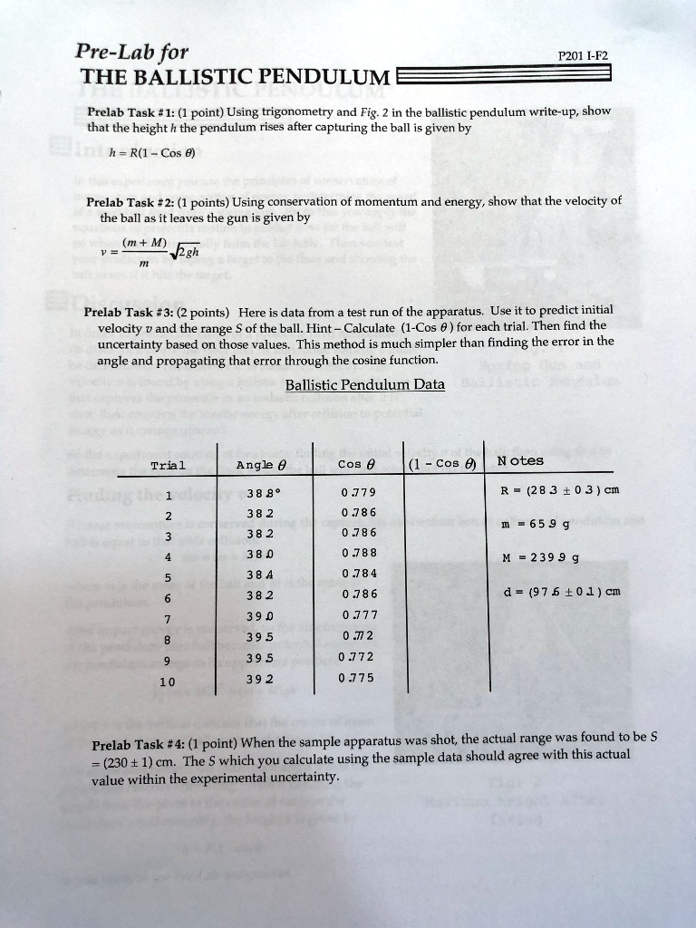 pre lab for the ballistic pendulum p201 f2 prelab task 1 1 point using trigonometry and fig 2 in ...