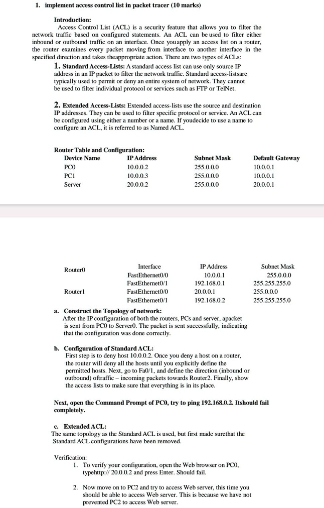 SOLVED: Implement it 1. Implement access control list in Packet Tracer ... SOLVED: Implement it 1. Implement access control list in Packet Tracer ...